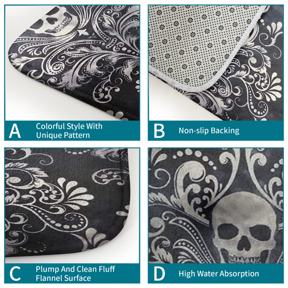 Sugar Skull Kitchen Mats 2 Pcs Anti Fatigue Halloween Skull Kitchen Floor Mats Washable Water Absorbent Gothic Skeleton Kitchen Rugs for Bathroom Laundry Sink Kitchen Standing Mat