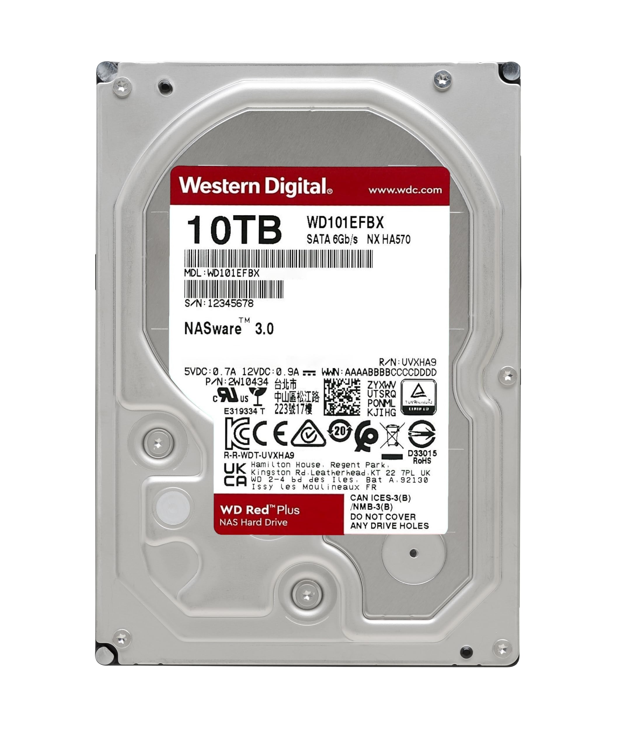 Western Digital 10TB WD Red Plus NAS Internal Hard Drive HDD - 7200 RPM, SATA 6 Gb/s, CMR, 256 MB Cache, 3.5" - WD101EFBX
