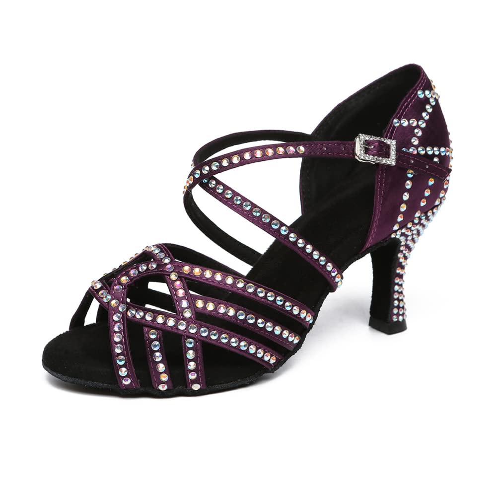 SWDZM Women's Latin Dance Shoes Rhinestone Ballroom Salsa Chacha Professional Performance Practice Dancing Shoes,L483-Purple-7.5,US 6.5