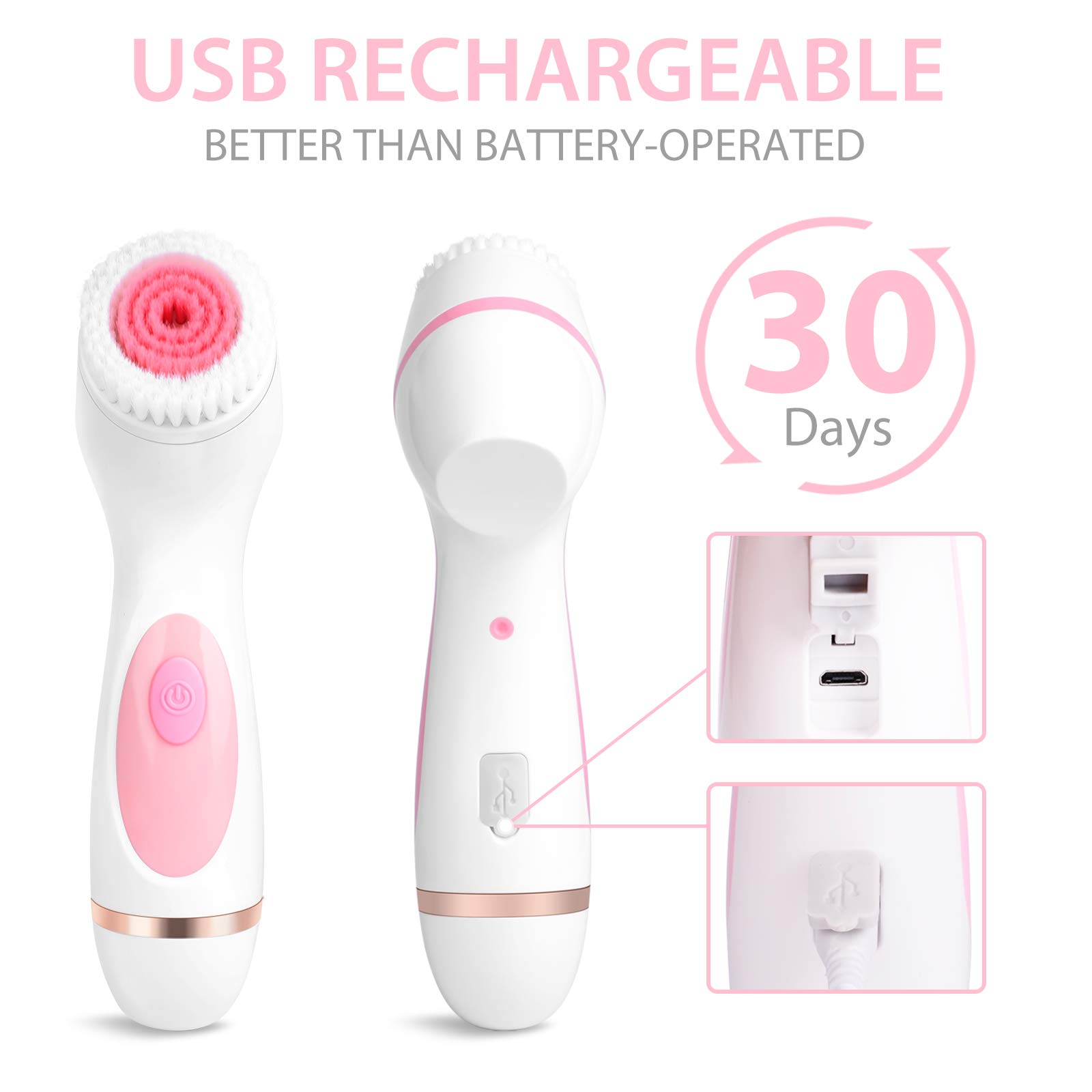 Rechargeable Facial Cleansing Brush Set with 3 Bi-directional Spin Brush Heads - Waterproof Face Spa System by CNAIER - Advanced Microdermabrasion for Gentle Exfoliation and Deep Scrubbing