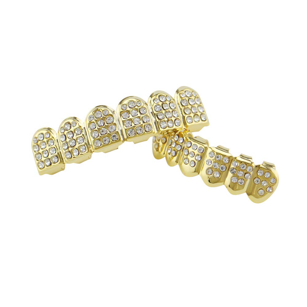 OOCC 18k Gold Plated Iced Out Grills with Diamond Hip Hop Teeth Grillz Caps Top and Bottom Set for Your Teeth (Golden)
