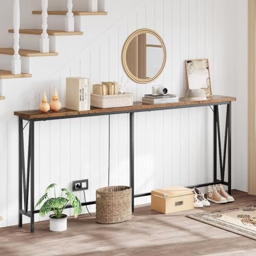 Narrow Console Table, 72.8 Inch Extra Long Entryway Table with Outlet and USB Ports, Narrow Sofa Table for Living Room Hallway Foyer, Rustic Brown