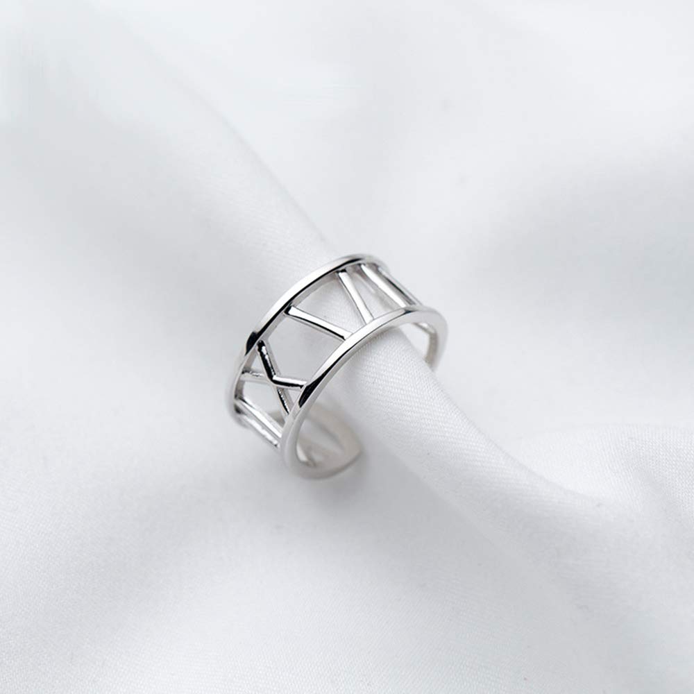 Roman Numerals Band Ring 925 Sterling Silver Adjustable Minimalist Open Finger Wedding Rings for Women Girls Men