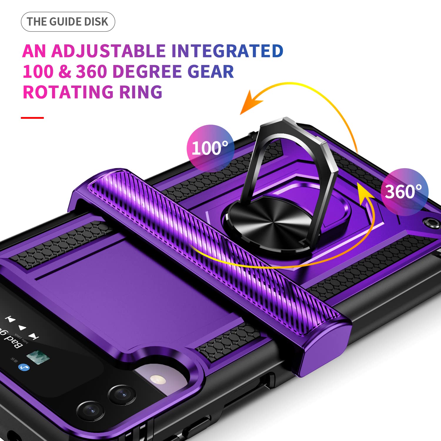 ONOLA for Samsung Galaxy Z Flip 4 Case, Galaxy Z Flip 3 Case with Hinge Protection and 360°Rotate Ring Magnetic Kickstand Heavy Duty Protective Case for Samsung Galaxy Z Flip 3/4 Phone (Purple)