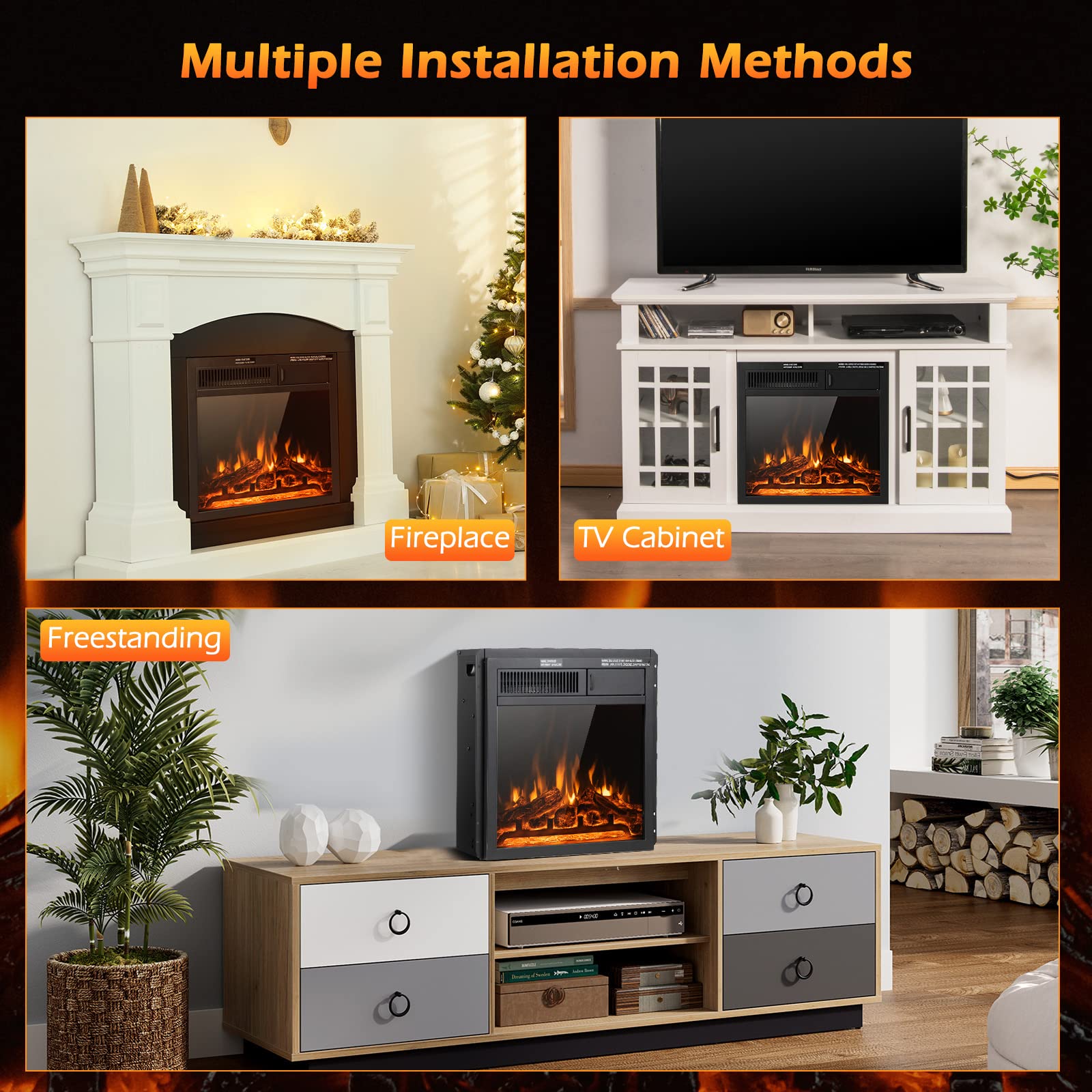 Tangkula 18 Inch Electric Fireplace, 5100 BTU Freestanding Electric Fireplace Heater with Remote Control, Adjustable Flame Brightness, Overheat Protection for Home, Hotel, ETL Certification