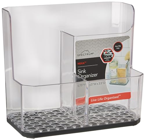 Spectrum Diversified Hexa, Kitchen Sponge, Easy-Clean Sink Organization & Dish Brush Holder with Removable Base, Clear & Gray