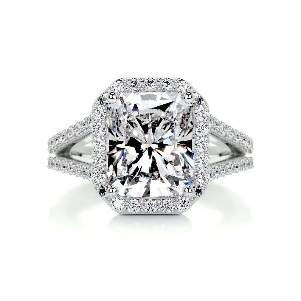 Solid Gold Handmade Engagement Rings 2 CT Radiant Cut Moissanite Diamond Halo Bridal Wedding Ring for Anniversary Propose Gifts (18K Solid White Gold)