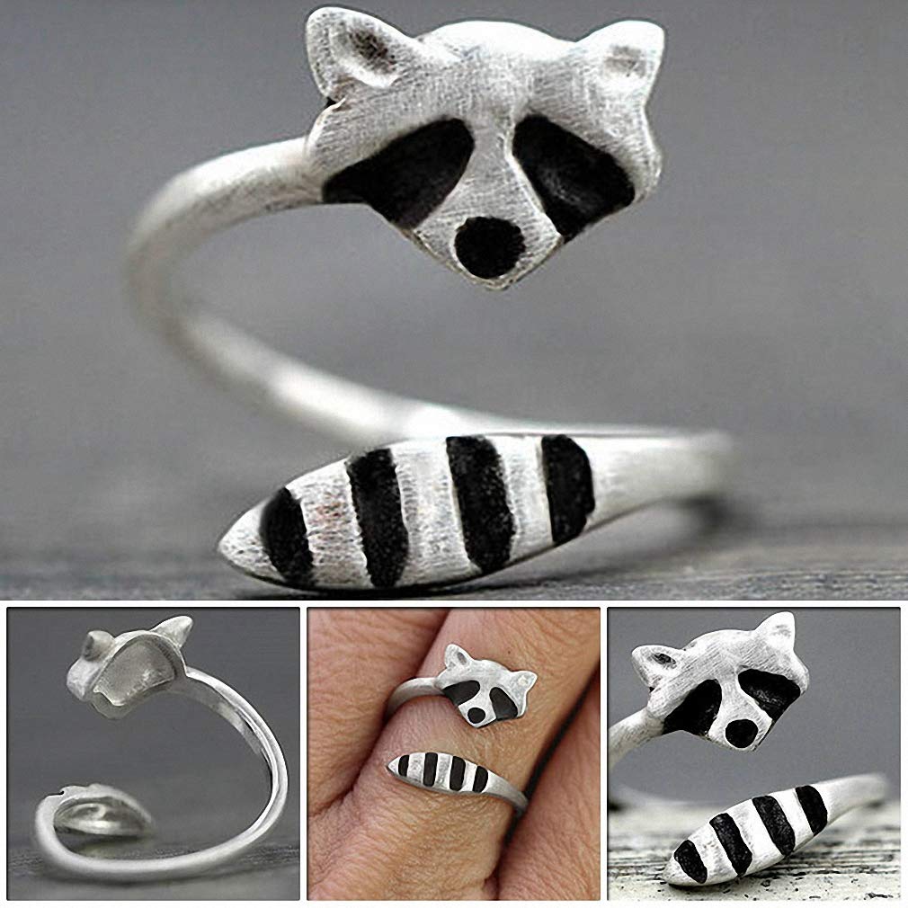 Ronliy Creative Silver Color Raccoon Female Ring Cute Animal Opening Rings for Women Party Adjustable Jewelry W Sv Resizable