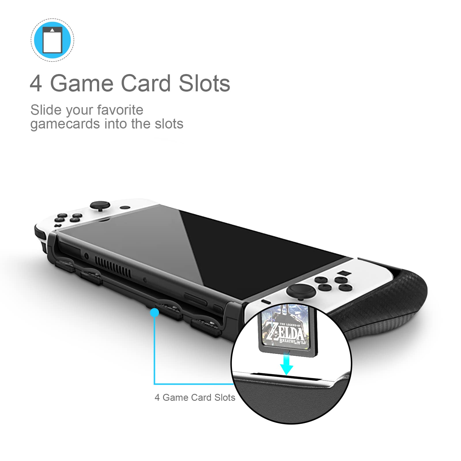 Switch OLED Grip, AKNES Switch OLED Console Folding Handle Grips Case with 4 Game Cards Store Slot, Comfort Ergonomic Handle Case for N-Switch OLED Model(2021) Black