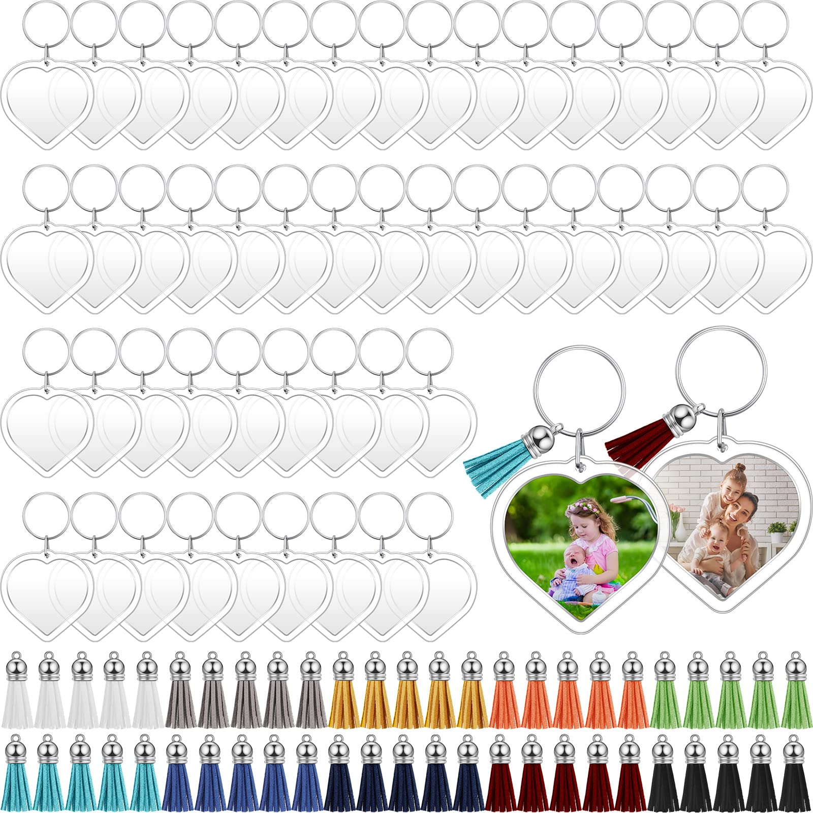 Yaomiao 50 Sets Acrylic Photo Frame Keychain with Tassels, Snap-In Custom Insert Photo Keyring Clear Blank Picture Keyring (Heart)