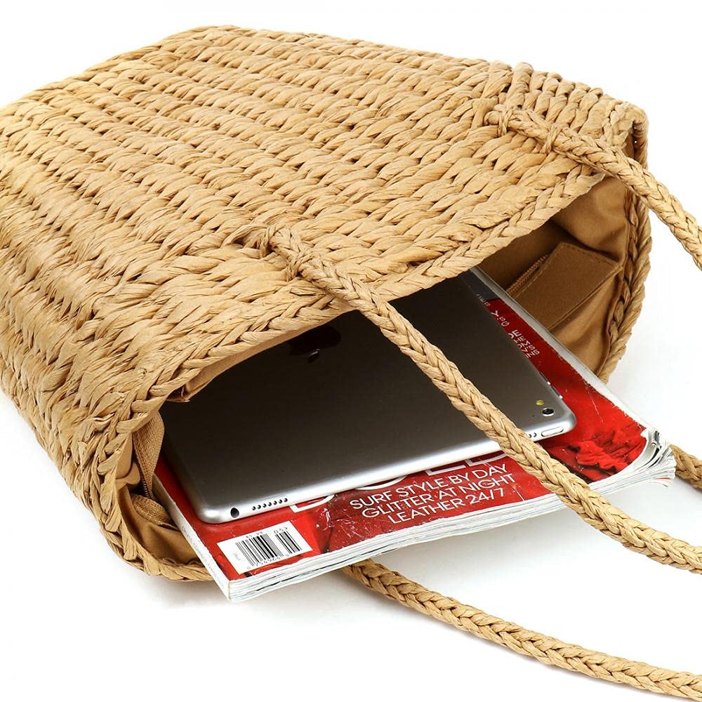 Women Straw Shoulder Bag Summer Beach Hand Woven Straw Tote Large Tote Bag (1)