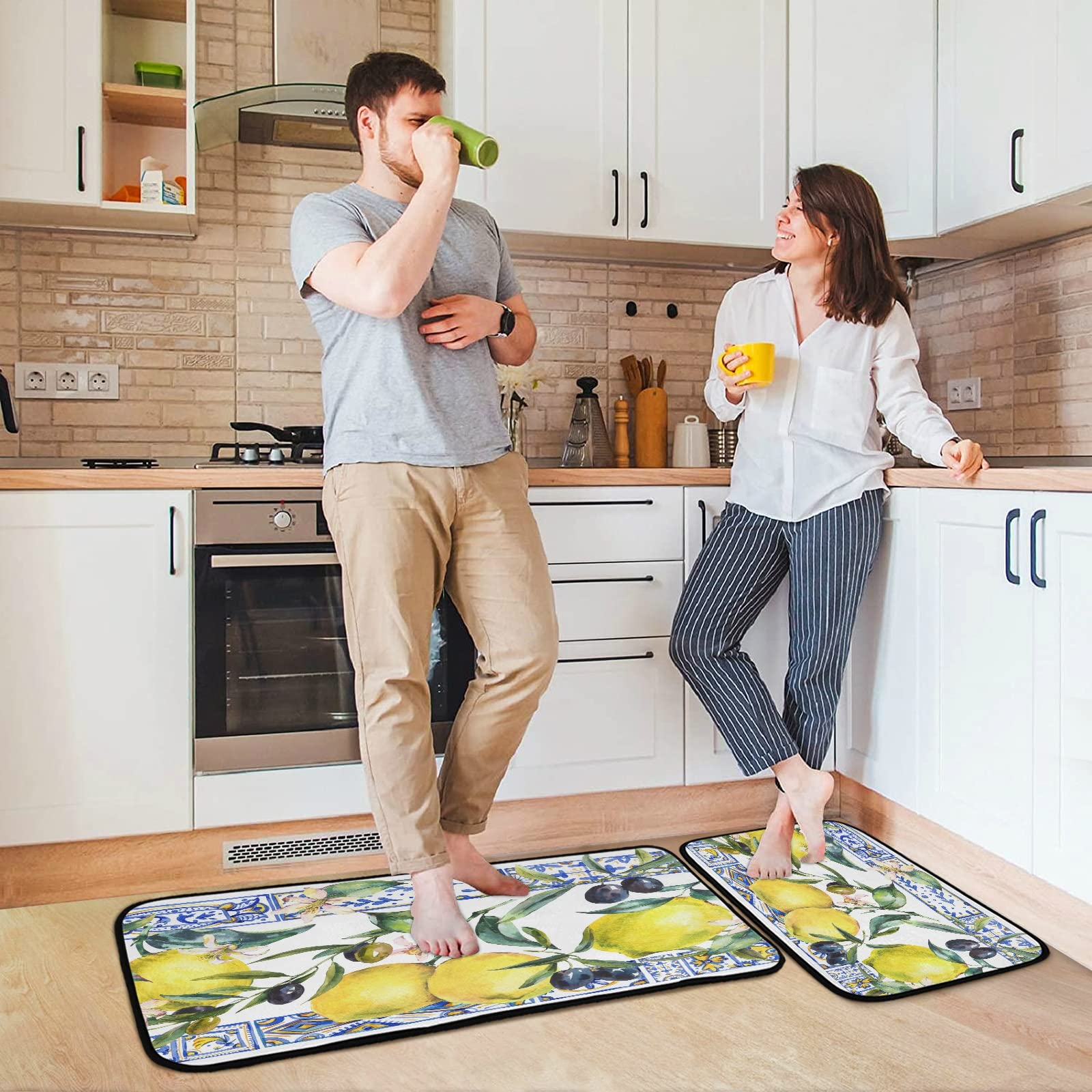 Washable Kitchen Rugs Set 2 Piece Watercolor Lemon Olive Branches Anti Fatigue Floor Mats Bathroom Carpet, 27"x19" and 47"x19"
