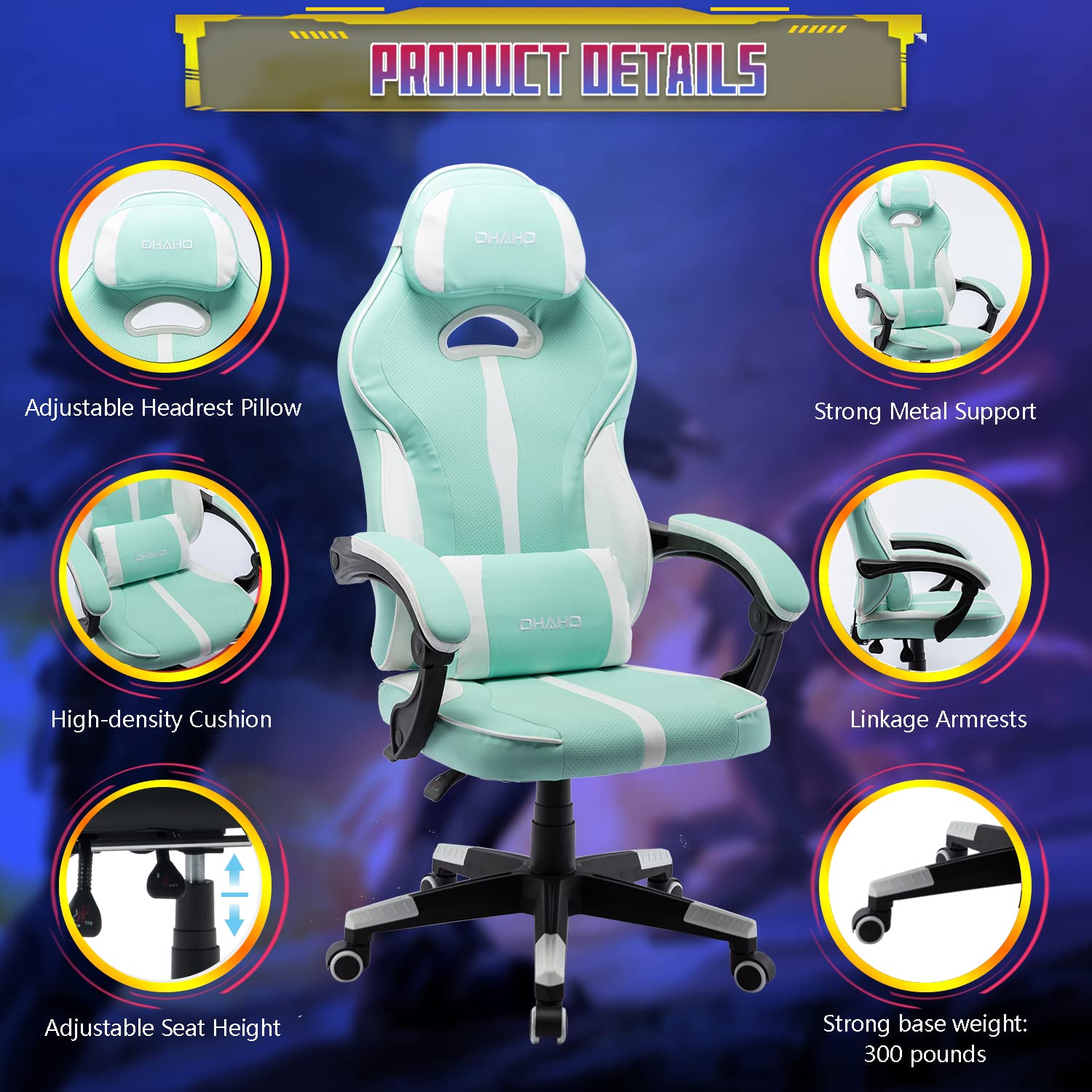 OHAHO High-Back Gaming Chair PC Office Chair Computer Racing Chair PU Desk Task Chair Ergonomic Executive Swivel Rolling Chair with Lumbar Support (Black)