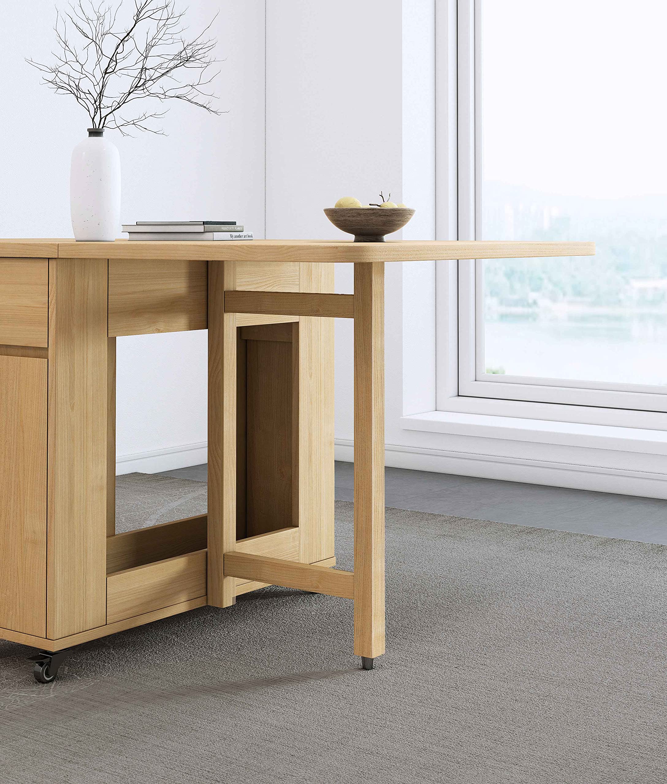 PIAQIA Folding Dining Table, Convertible Drop-Leaf Kitchen Table with Storage, Space Saving Foldable Dinner Table for 4-6, 55" W x 32" D x 29" H, Natural, 1 Table (NO Chairs Included)