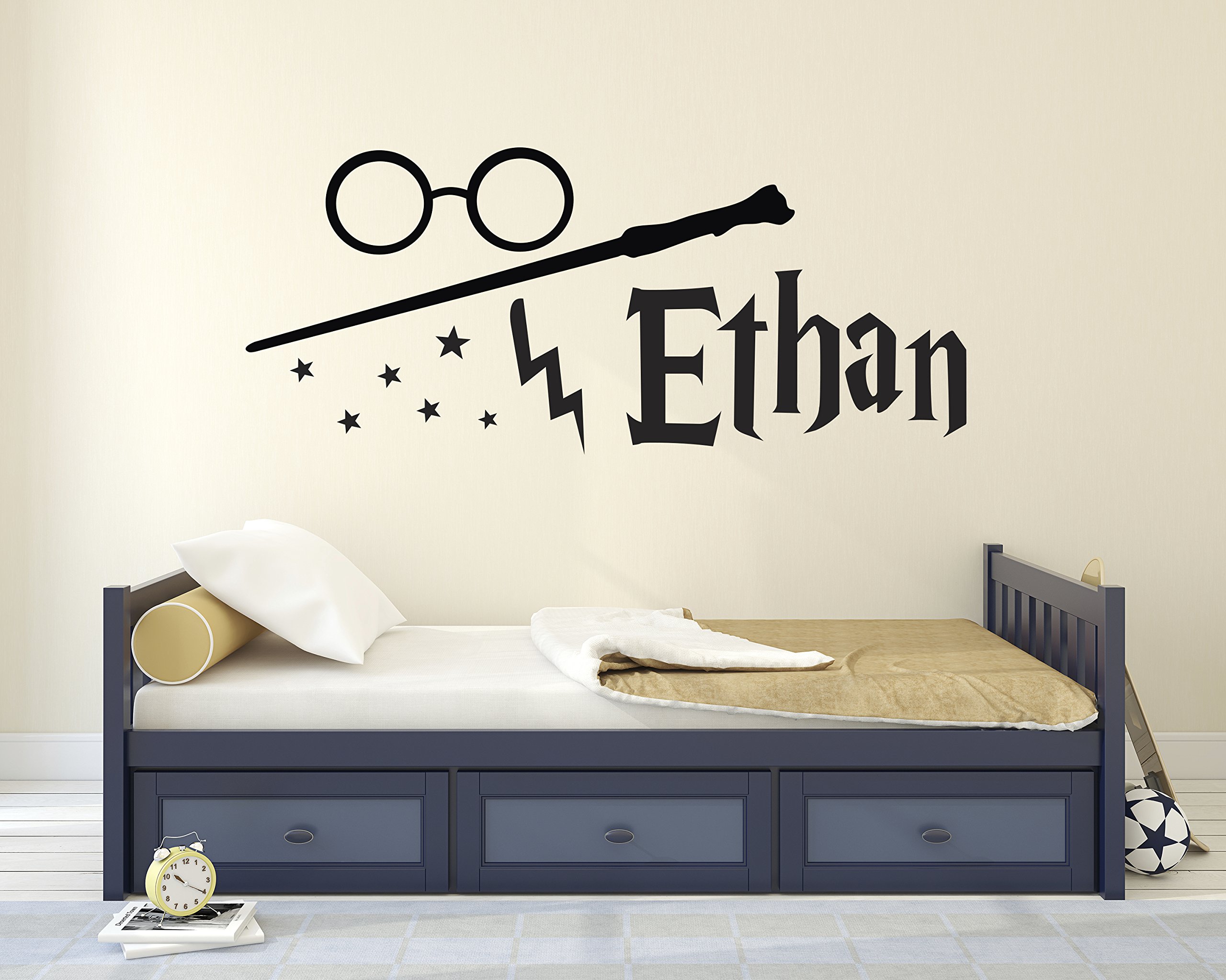Personalized Name Wall Decal - Wand Magic Wall Decor - Scar Glasses Custom Boy Girl Bedroom Wall Art Mural Vinyl Sticker (34"W x 16"H)