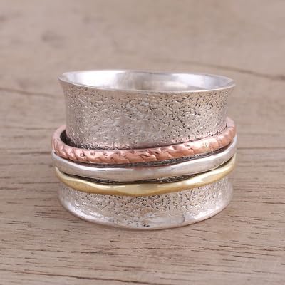 NOVICA Artisan Handmade Sterling Silver Meditation Spinner Ring India with Copper Brass No Stone Metallic Band [band Width 10 mm W] ' Stylish Textures'
