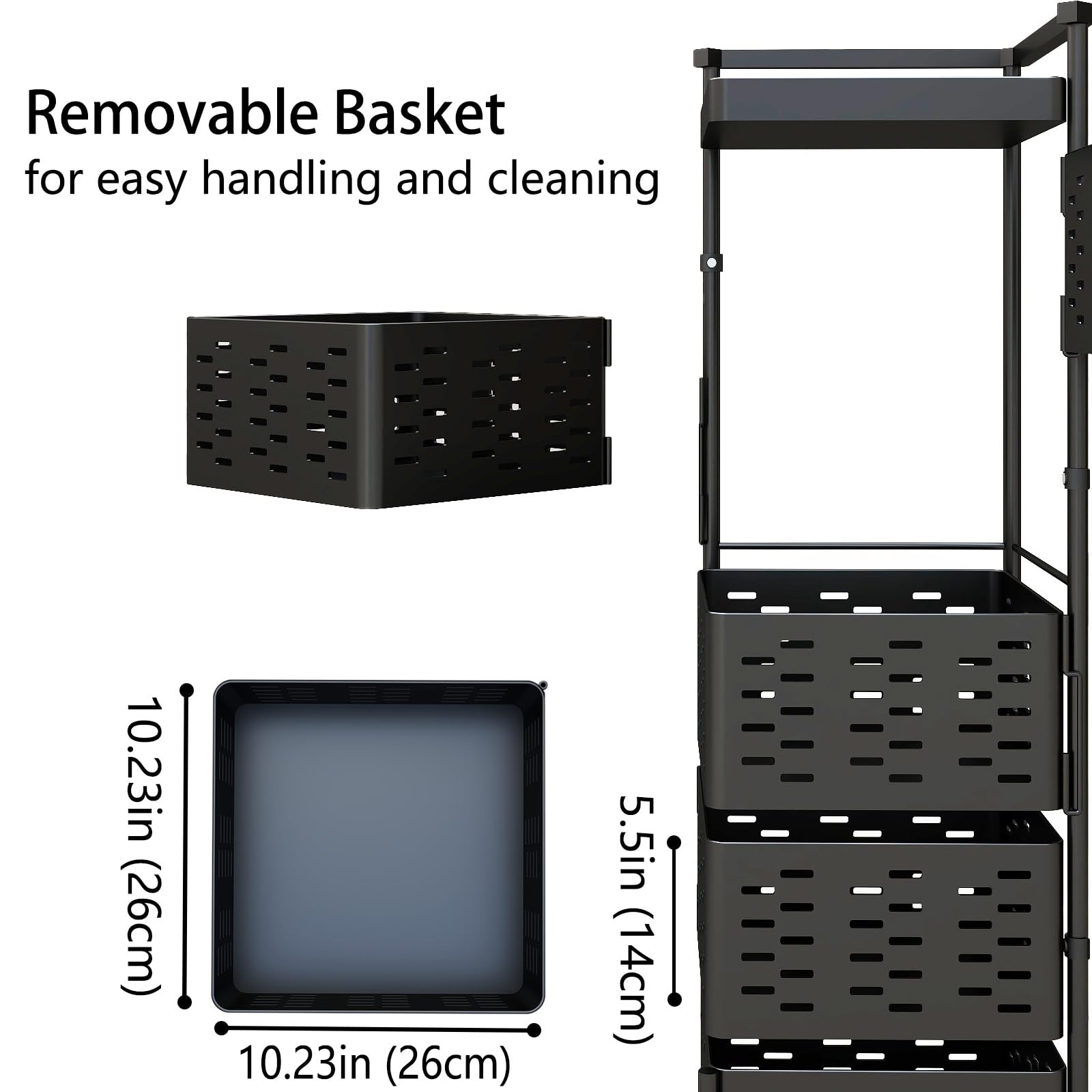 PzewMo Rotating Storage Rack, 5 Tiered Shelf Organizer, Metal Rolling Cart with Swivel Drawers, Fruit Basket, Kitchen Bathroom Pantry Organization, Vegetable Onion Potato Storage (Black)