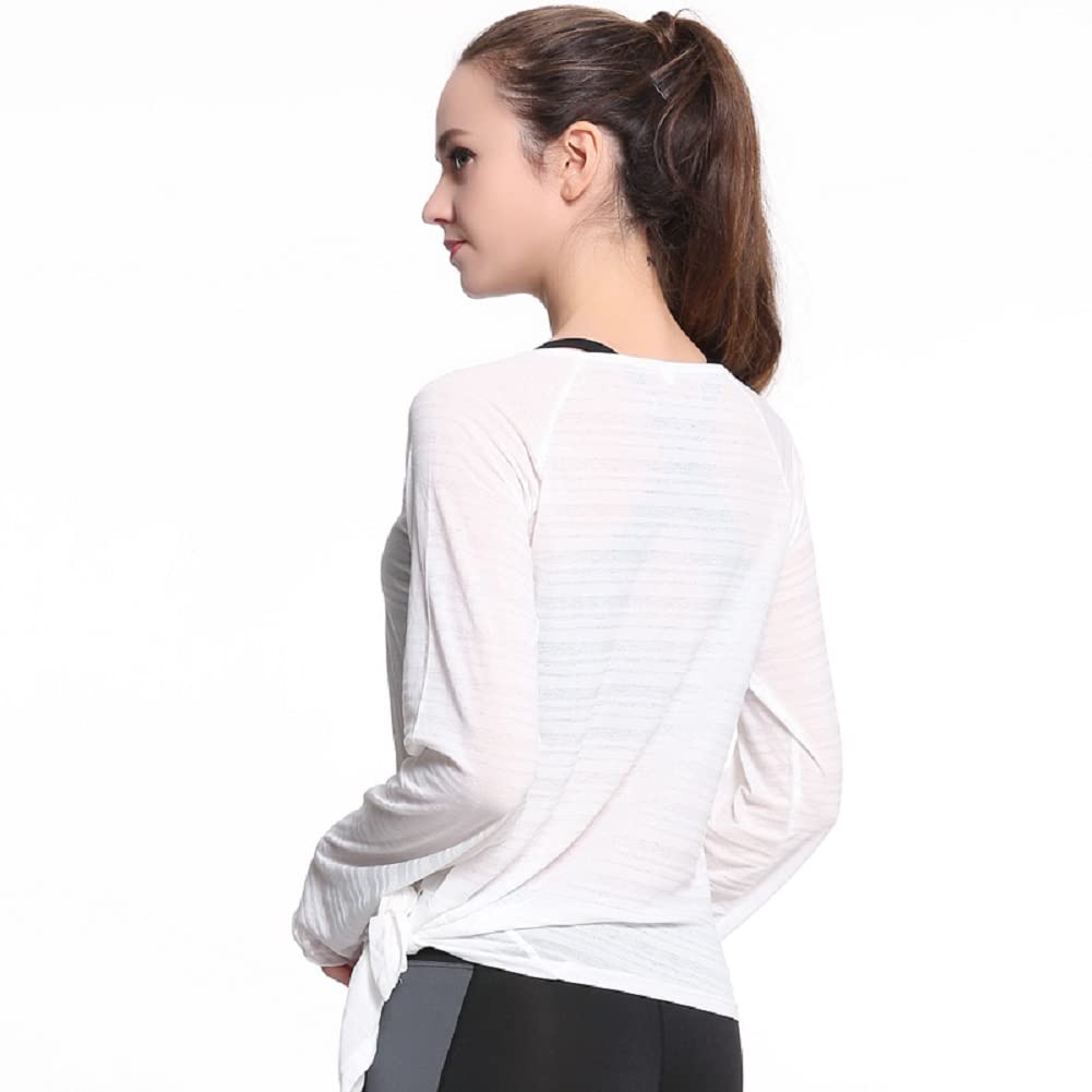 Women Long Sleeve Workout Shirts Loose V-Neck Yoga Tops Quick Dry Breathable Shirts for Women Side Split Design White