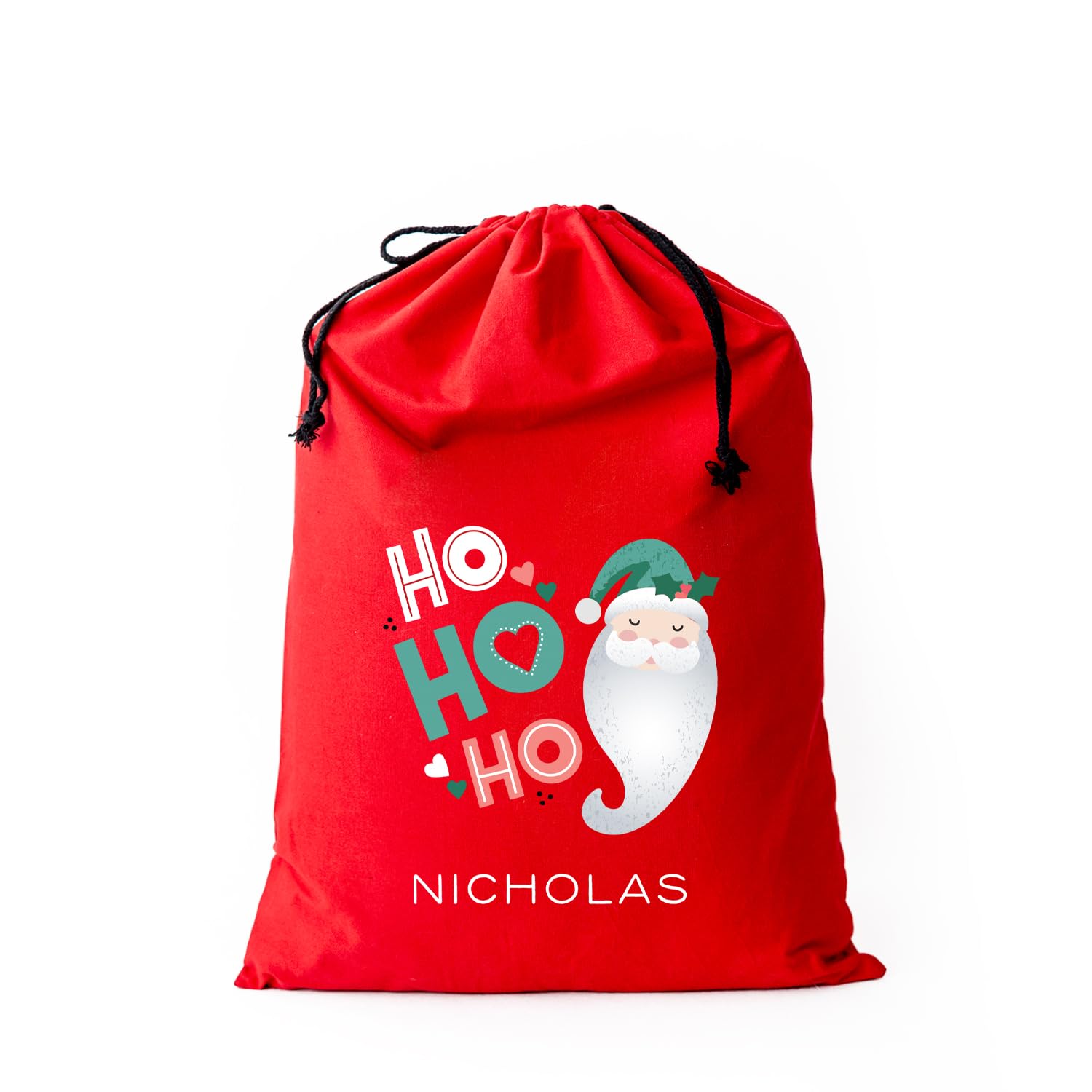 Qualtry Personalized Santa Sack Christmas Bag for Kids Presents (Santa Ho Ho Ho Design, Red 14β x 20.5β) - Medium Cotton Sack with Drawstring - Toy Bag with Name