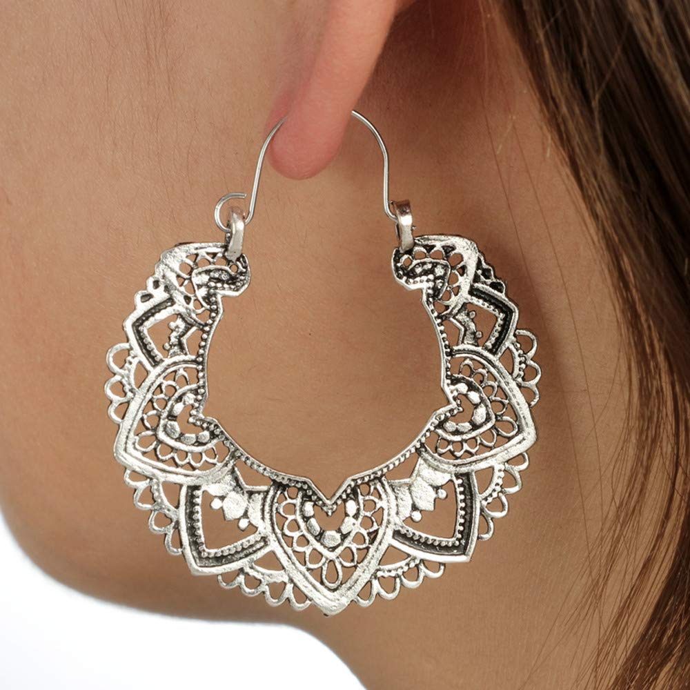 Women Earrings Ethnic Jewelry Enamel Earrings Boho Vintage Drop Earrings (Silver, One Size)