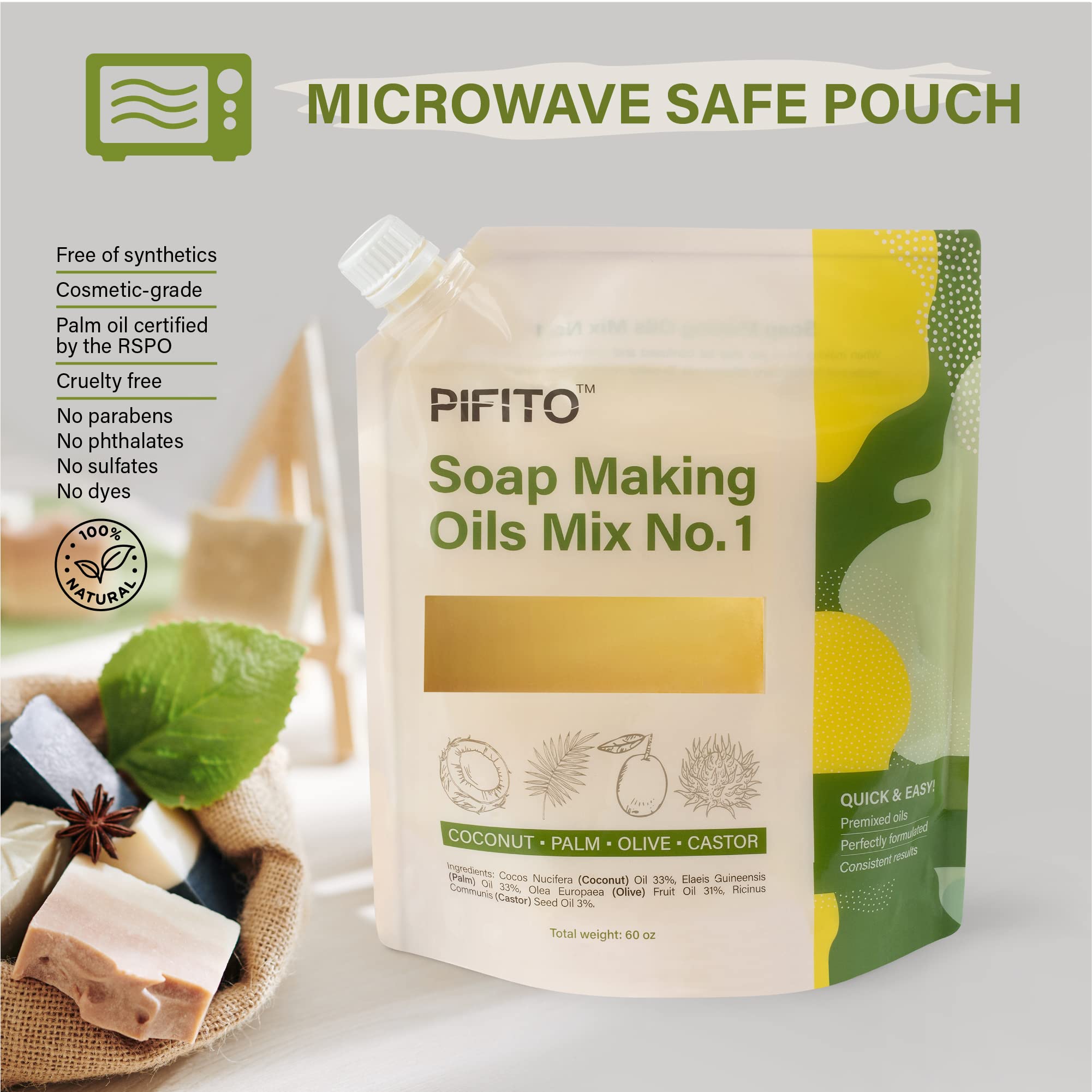 Pifito Cold Process Soap Making Kit β Oils Mix No. 1 60 Oz Blend of Pre-Measured Oils, 8-Pack Colorants Sampler, Mold and Instructions. DIY Soap Making Supplies