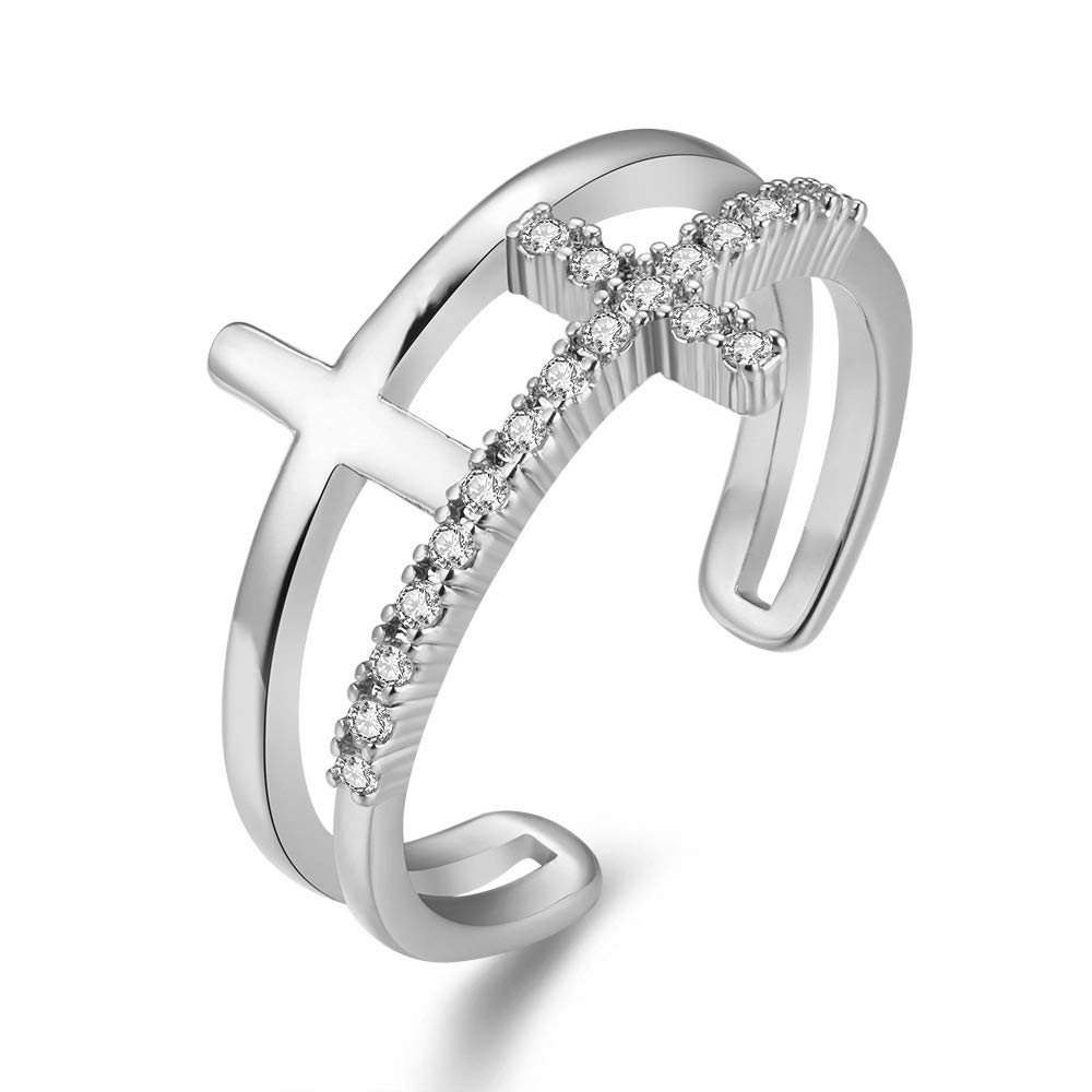 Rose Gold Tone Butterfly White Birthstone CZ Cross Ring Expandable Open Rings Adjustable for Women Jewelry (Cross Silver)