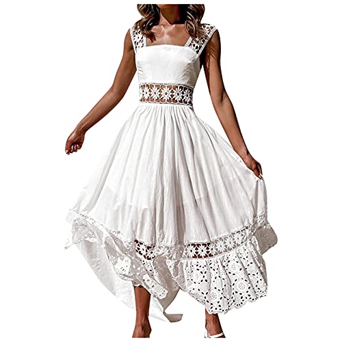 Women Patchwork Lace Hollow Out Tank Dress Sleeveless Ruched Backless High Waisted Ruffle Dress White