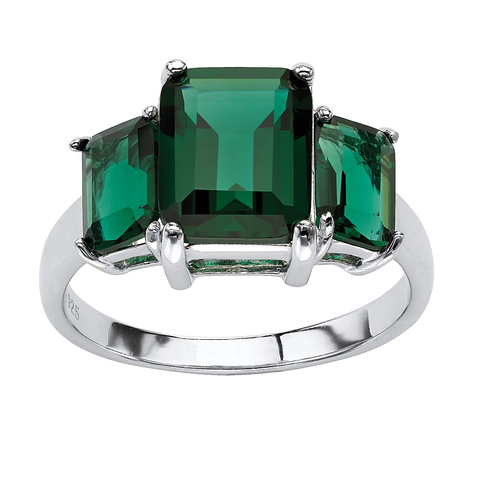 PalmBeach Sterling Silver Emerald Cut Simulated Green Emerald 3-Stone Ring Sizes 5-10 Size 7