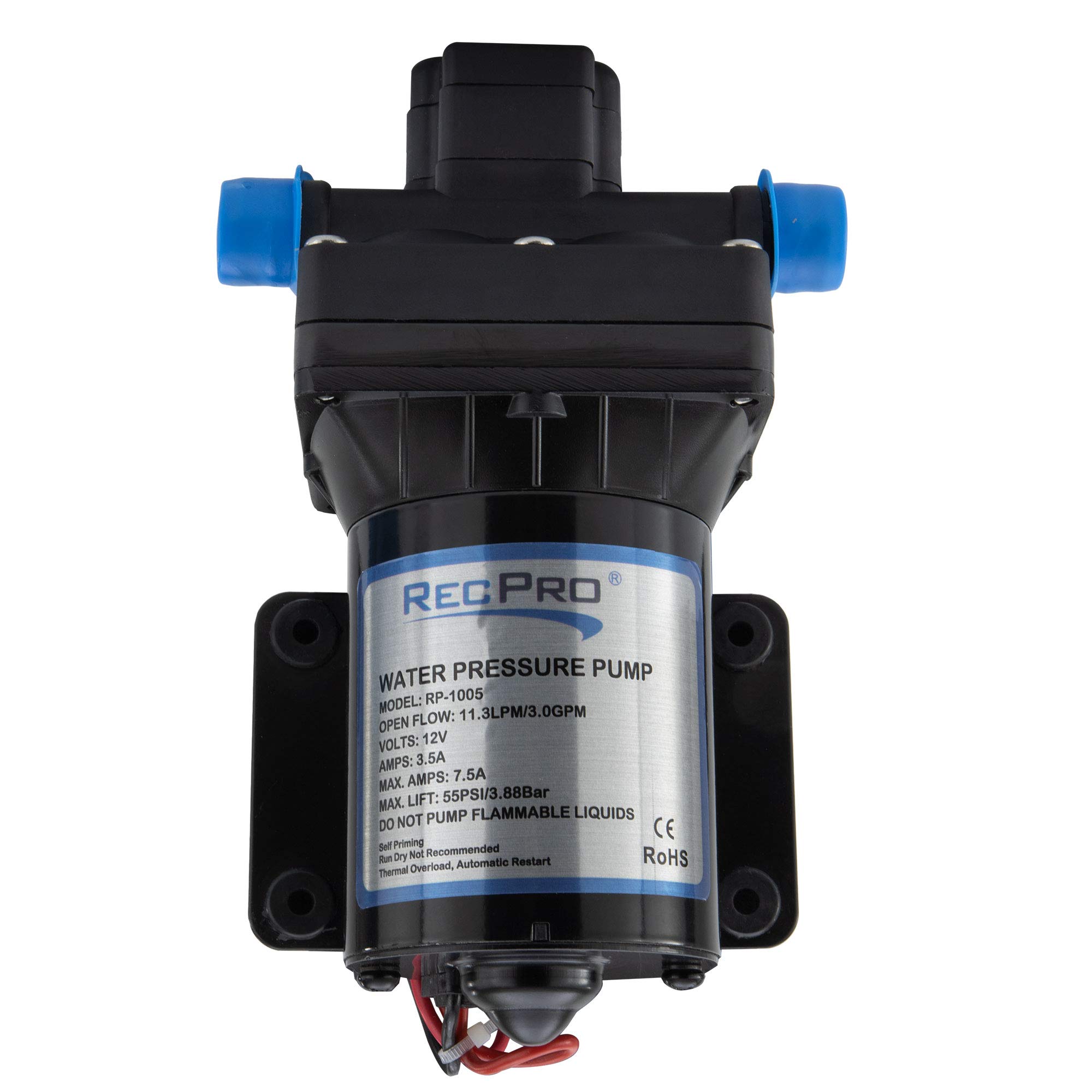 RecPro RV 4 Chamber Water Pump | Quiet Running | 12V DC | 45 PSI | 8.0AMP | Self Priming (With Strainer, No Silencer)