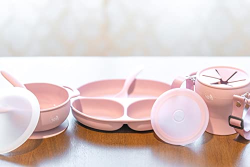 Tiny Tots - Baby Led Weaning Supplies - Feeding Essentials - Baby suction paltes & supplies: Bib, Suction Bowl & Suction Plate, Collapsible Cup, and Utensils - Easy to use feeding set (Pink)