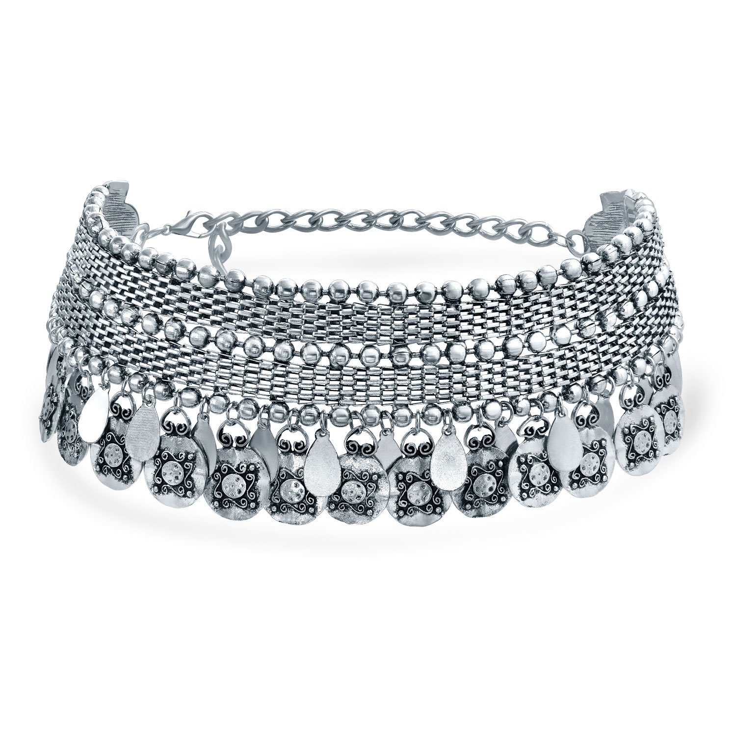 Native American Style Bohemian Boho Dangling Coins Wide Choker Necklace Western Jewelry for Women Teen Oxidized Silver Plated