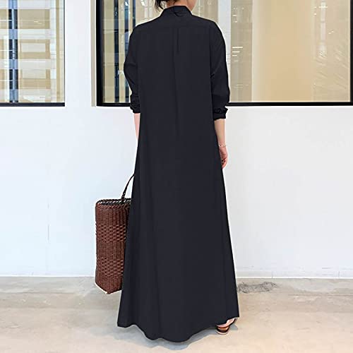 Women Shirt Dress Solid Color Button Down Pockets Maxi Dress Long Sleeve Turndown Neck Loose Shift Dress