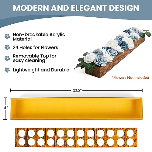 Rectangular Acrylic Flower Centerpieces for Tables with Wood Grain Pattern | Long 24 Hole Flower Arrangement Holder | Acrylic Flower Centerpiece Vase | Dining Table Decor Centerpiece Vases for Table