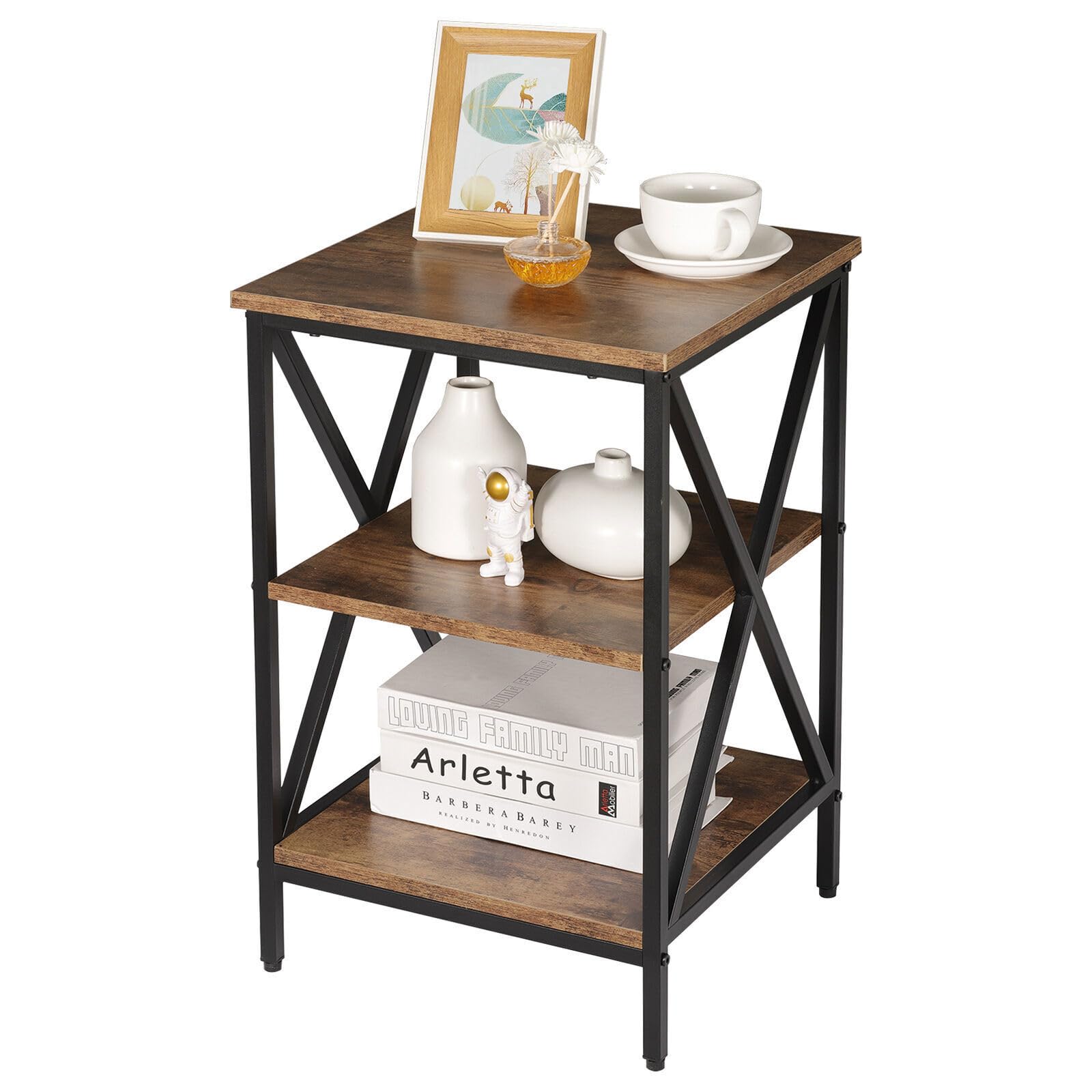 PacuM 24.4" Side Table Industrial X Shape 3-Tier Small End Table Storage Sheves Brown
