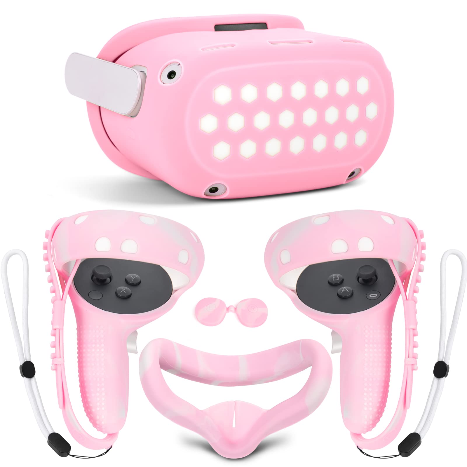 TOMSIN VR Silicone Face Cover, Full Coverage Grips Cover, Shell Front Cover with Lens Cover, Anti-Throw Protector with Adjustable Knuckle Straps Accessories Set for Oculus Quest 2 (Pink)