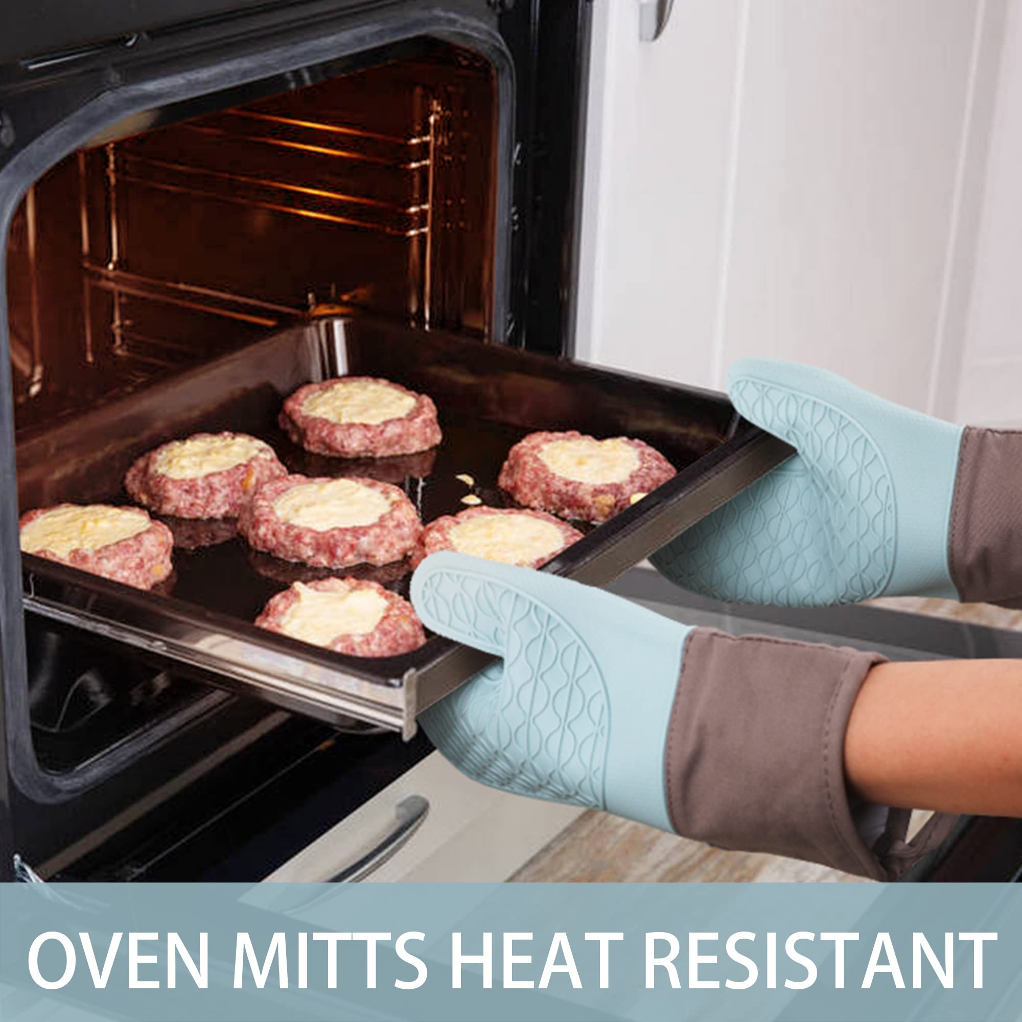 Silicone Oven Mitts Heat Resistant, Oven Mitts and Pot Holders Sets, Kitchen Mittens 5 Piece Set, Oven Gloves for Cooking,Baking,BBQ, Black Oven Mitts, Easy Clean