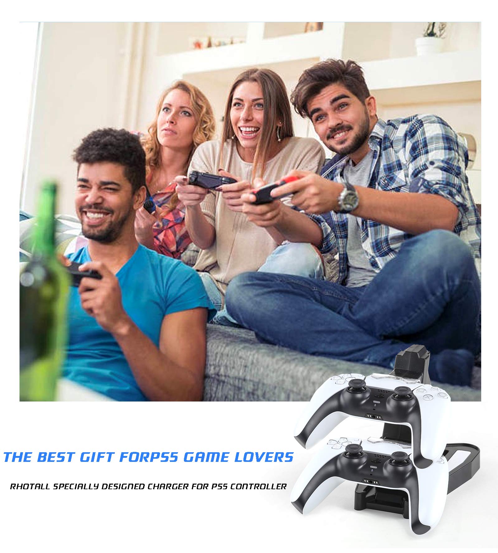 RHOTALL PS5 Controller Charger Station, Charging Dock Station for Playstation 5 DualSense Controller, Dual USB Fast Charging Station & LED Indicator