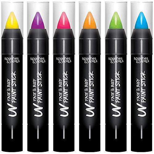 Splashes & Spills UV Face and Body Paint Sticks - UV Body Paint, UV Face Paint for Costume, Cosplay, Theater, Club - Glows Under UV Light - Black Light Paint For All Skin Types (6 Colors)