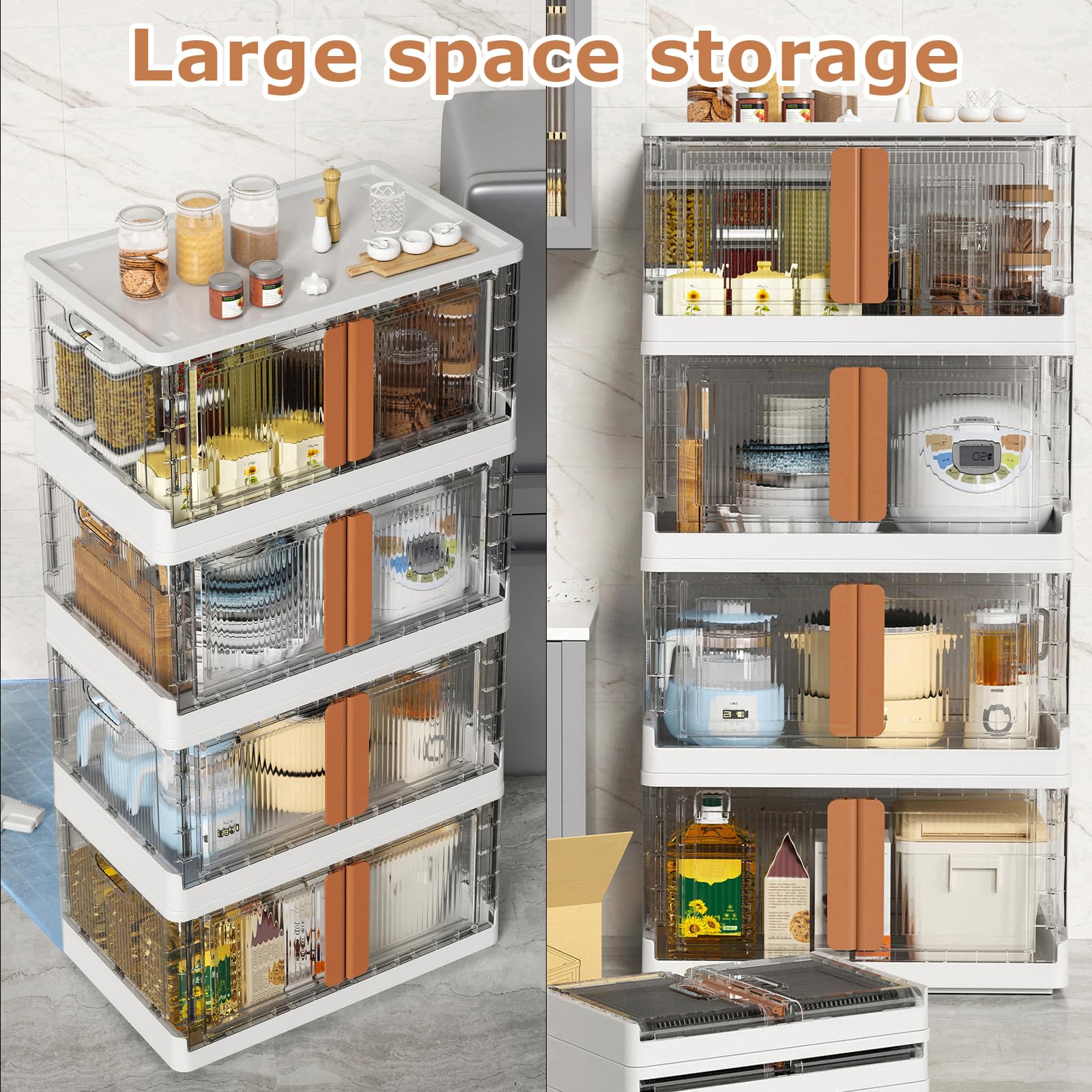 Storage Bins with Lids, Foldable Storage Bins, Clear Grey Wardrobe Closet Organizer, 8.4Gal Stackable Toy Storage, Collapsible Plastic Storage Container with Door, Crate for Book Storage(6 Pack)