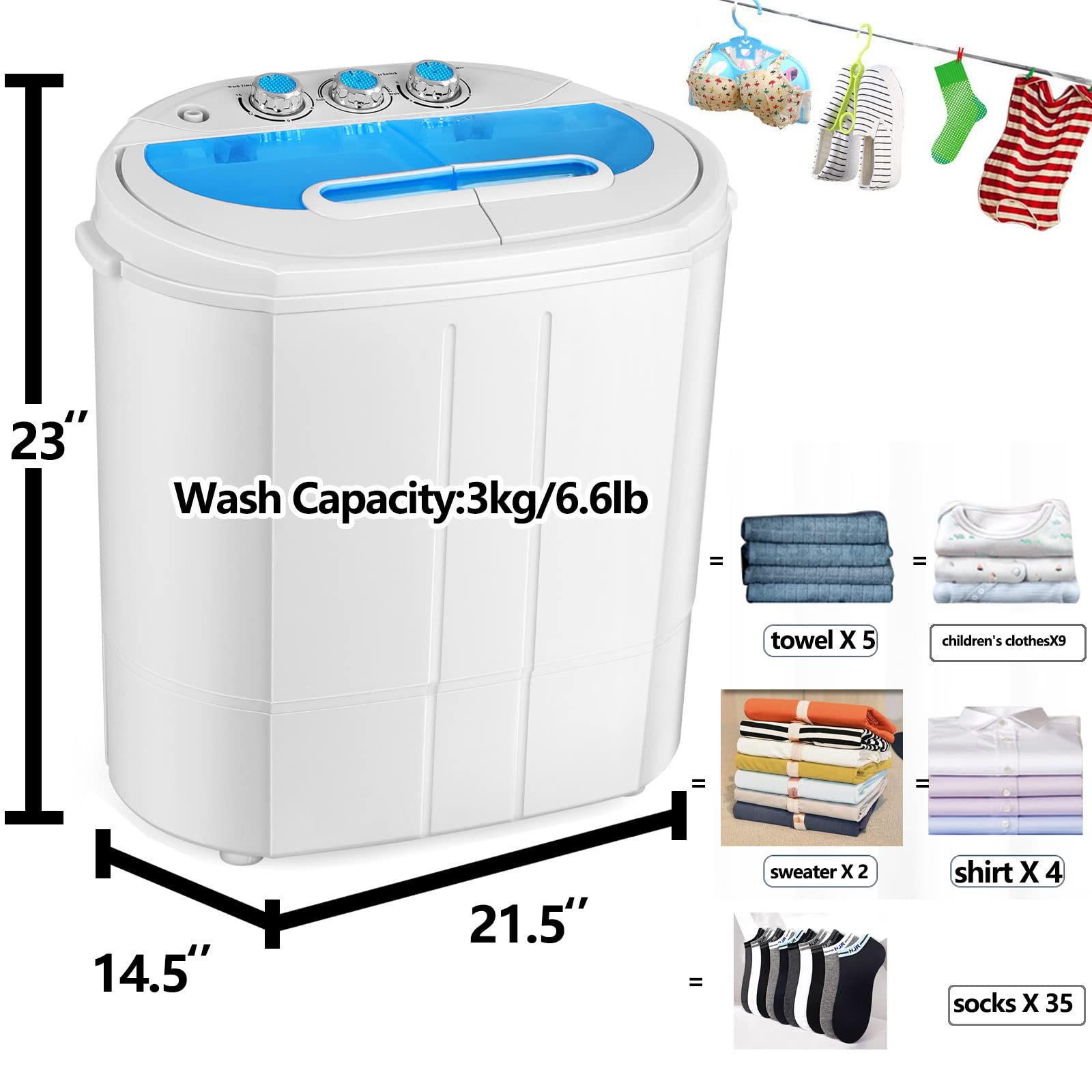Tiktun Mini Compact Twin Tub XPB30-1288S Portable Washing Machine, White and Sky Blue