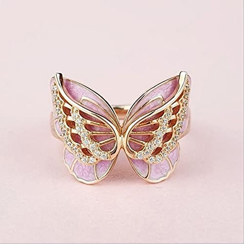 Women's Butterfly Ring Engagement Rings Statement Rings for All Women Cute Promise Rings for Her (Pink, 6)
