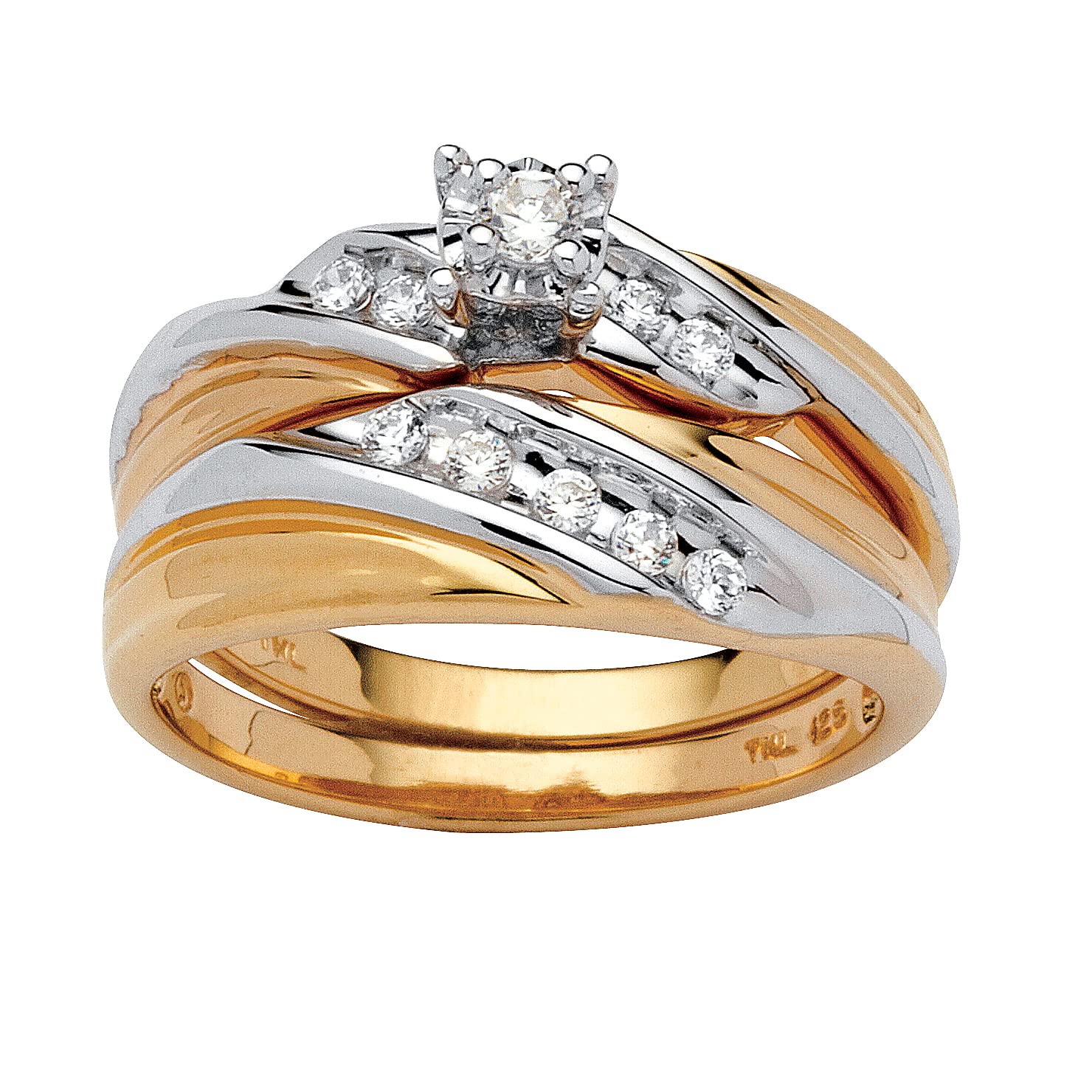 PalmBeach Yellow Gold-Plated or Platinum-Plated Sterling Silver Round Cubic Zirconia Two-Tone Diagonal Bridal Ring Set Size 7