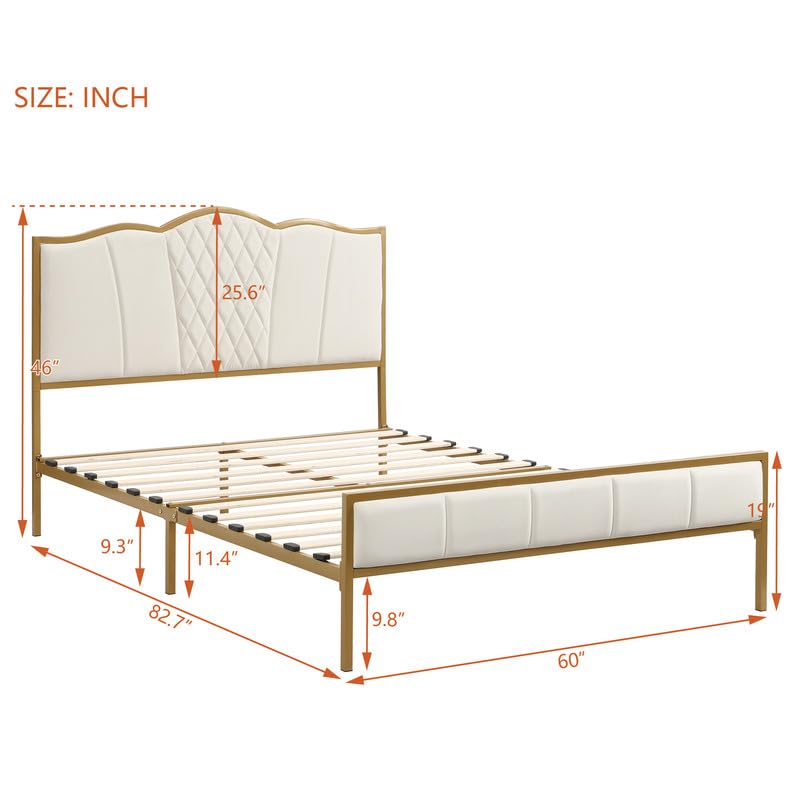 Queen Size Bed Frame, with Tufted Headboard, Golden Metal Platform Bed Frame with Wood Slat Support, Noise Free, No Box Spring Needed,Beige