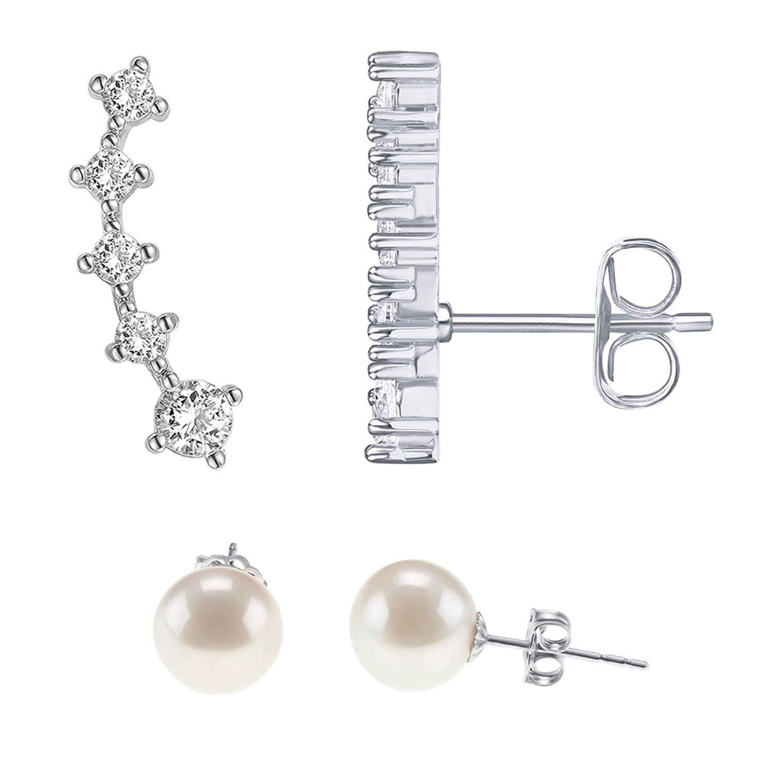 PAVOI Womens White Gold-Plated Base Sterling Silver Post Climber Arrow Ear Crawler Pearl Earrings