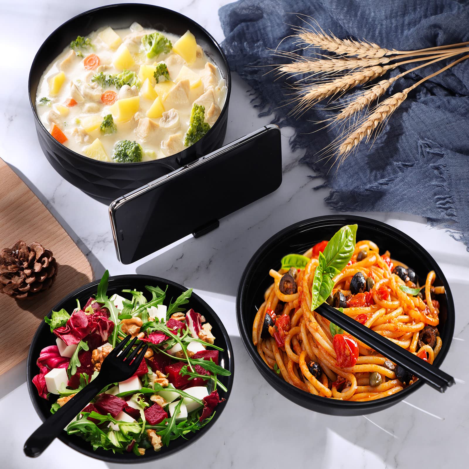 Zubebe 2 Sets Microwave Ramen Bowl Set with Handle Lid Ramen Cooker Ramen Noodle Bowl with Chopsticks Spoon Fork College Dorm Room Apartment Essentials, Dishwasher Safe, BPA Free (Black)