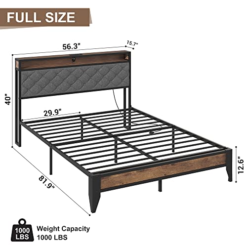 Osfvolr Full Size Bed Frame with Charging Station and LED Light, Platform Bed Frame with 2 Tier Storage Upholstered Linen Headboard, Heavy Duty Metal Structure, 12 inch Under Bed Storage, Noise Free