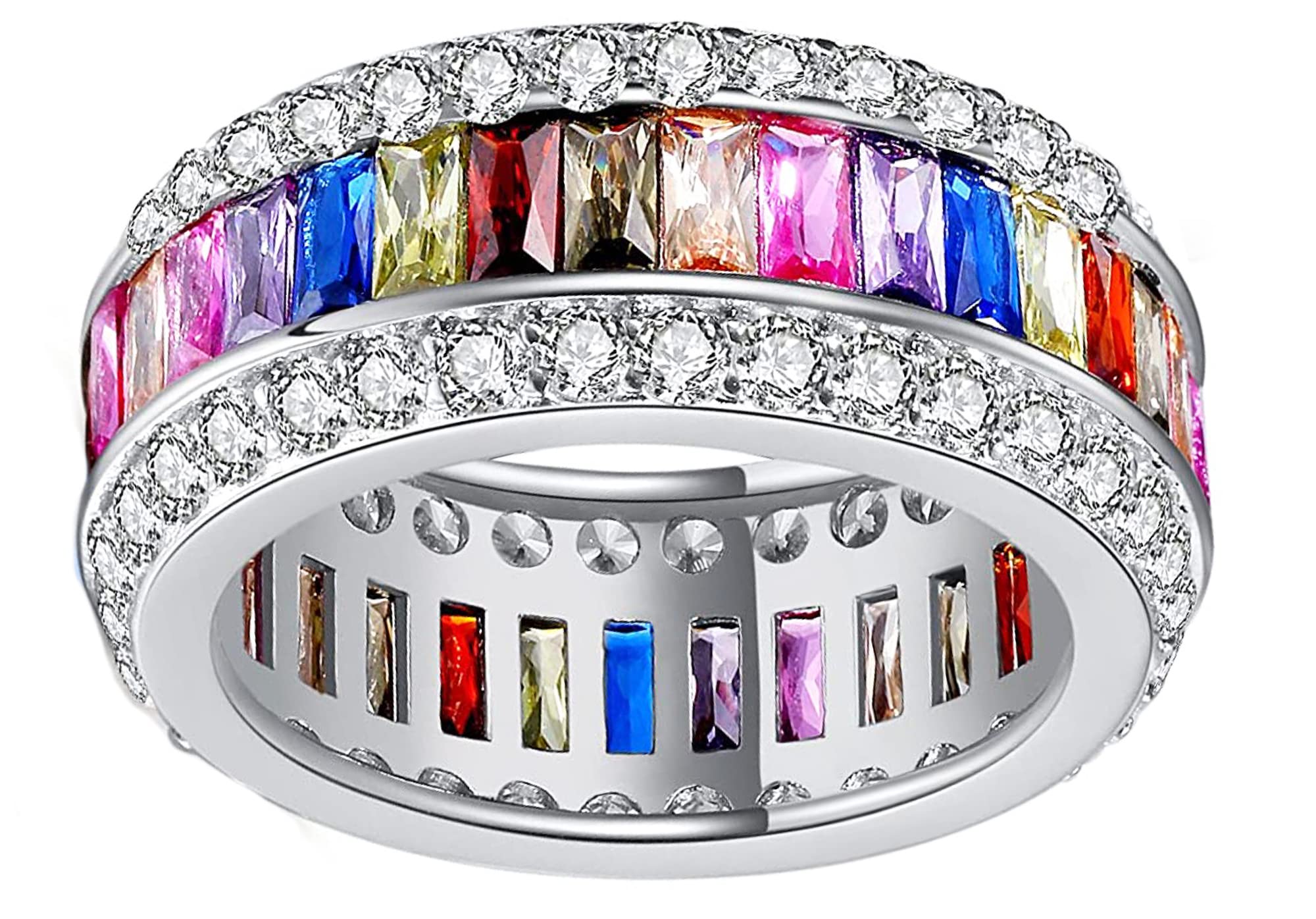 VPKJewelry 18K Gold Plated Rainbow Ring Wedding Band for Women Ladies Emerald Cut Multi Color Created-Gemstone Eternity Ring (Multicolor, 9)