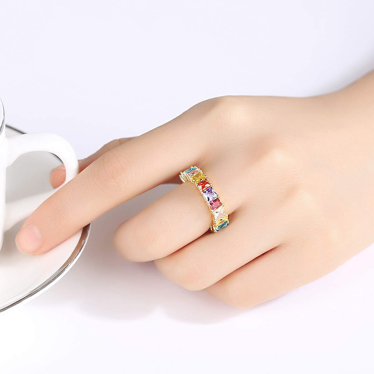 TEEMI-18K Gold Plated Cubic Zirconia Emerald Cut Multicolor Rainbow Eternity Ring Band (8)