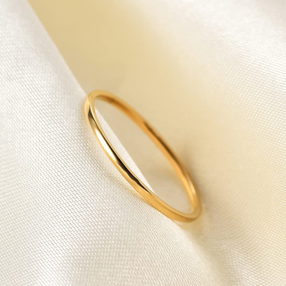 VQYSKO 2PCS 1mm/2mm/3mm14K Gold Filled Rings Stacking Rings for Women Stackable Thin Silver/Gold/Black Ring Plain Statement Band Comfort Fit, Size 3-10 (Gold-1MM-2PCS, 4)
