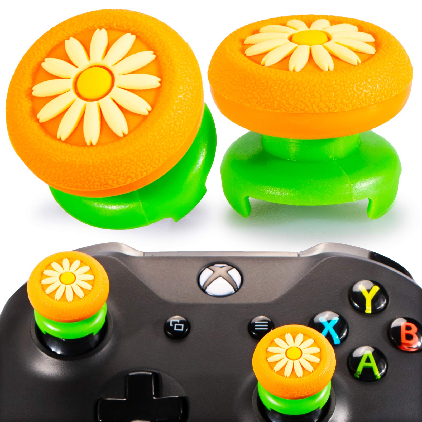 Playrealm FPS Thumbstick Extender & 3D Texture Rubber Silicone Grip Cover 2 Sets for Xbox Series X/S & Xbox One Controller (Daisy Orange)
